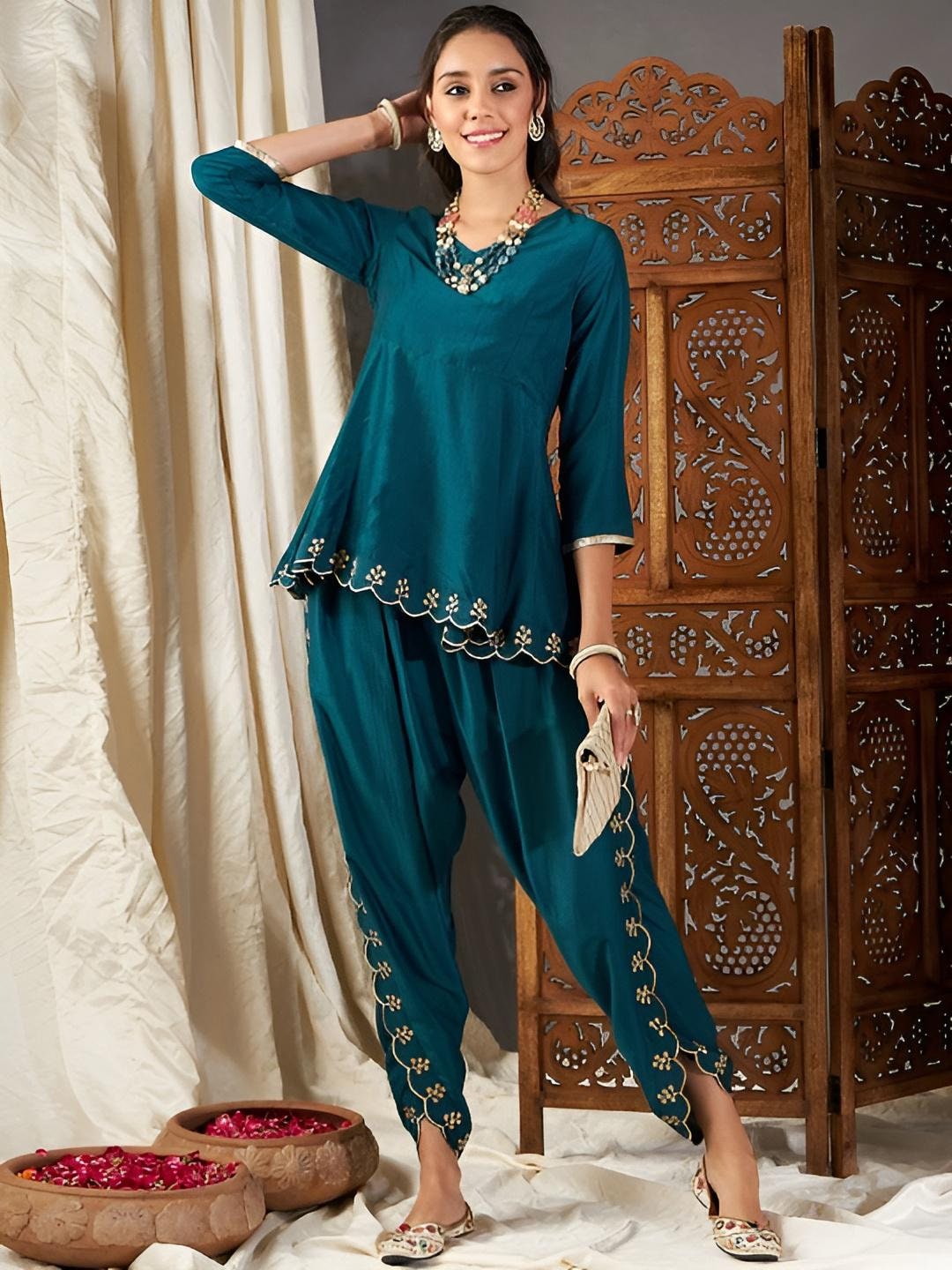 Embroidered Peplum Kurta With Dhoti Pants for Women, Tunic With Palazzo ...