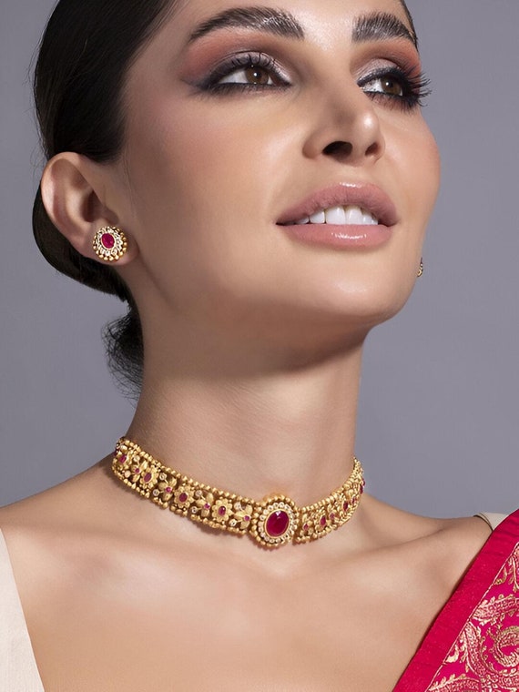 24K Gold Plated Handcrafted Intricate Choker Jewellery Set for Women Indian Choker With Earrings Set Contemporary Choker Necklace Etsy