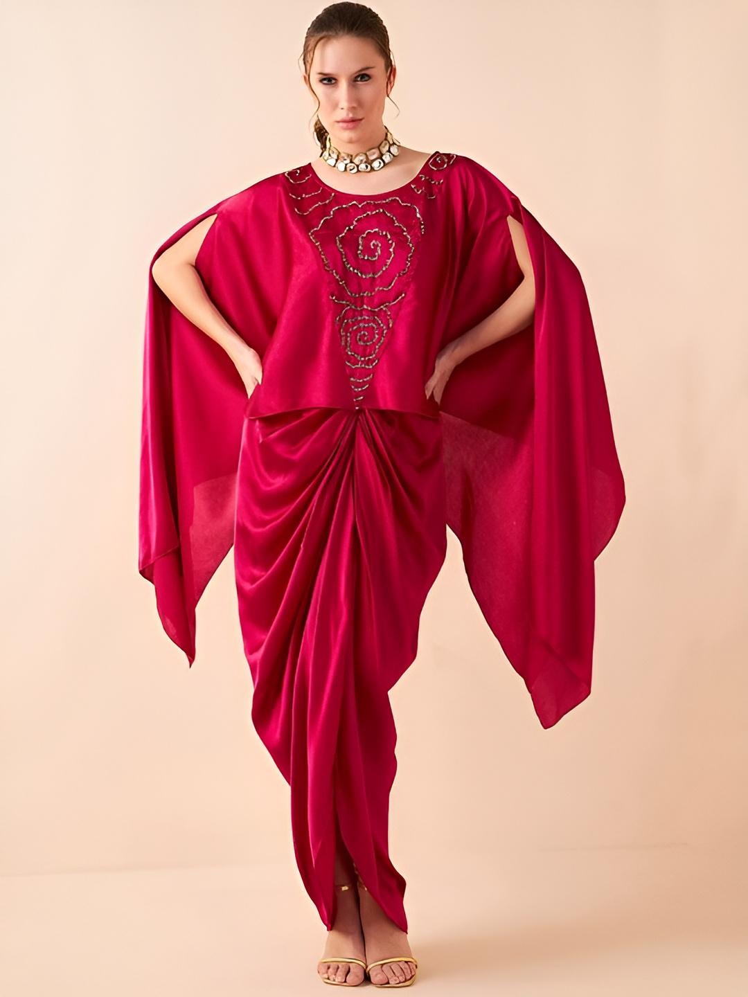 Embellished Top With Drape Skirt Set for Women, Indian Cape Top With ...