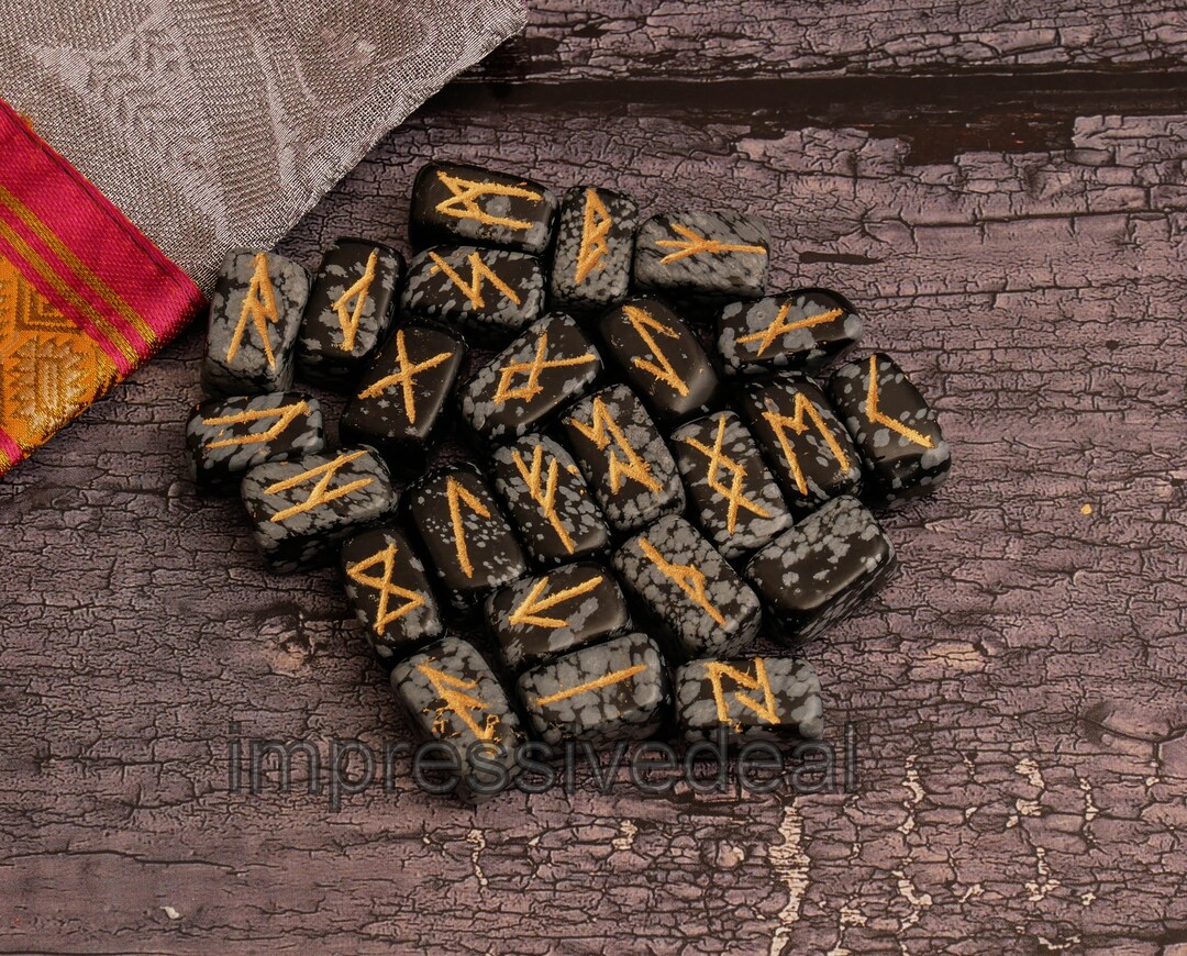 Snowflake Obsidian Rune Stone Set Tumbled Engraved Lettering Reiki ...