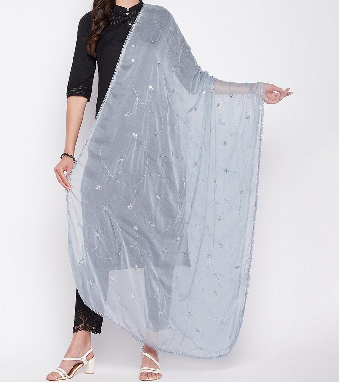 Designer Women's Lifestyle Gray Color Ethnic Motifs Embroidered Chiffon ...