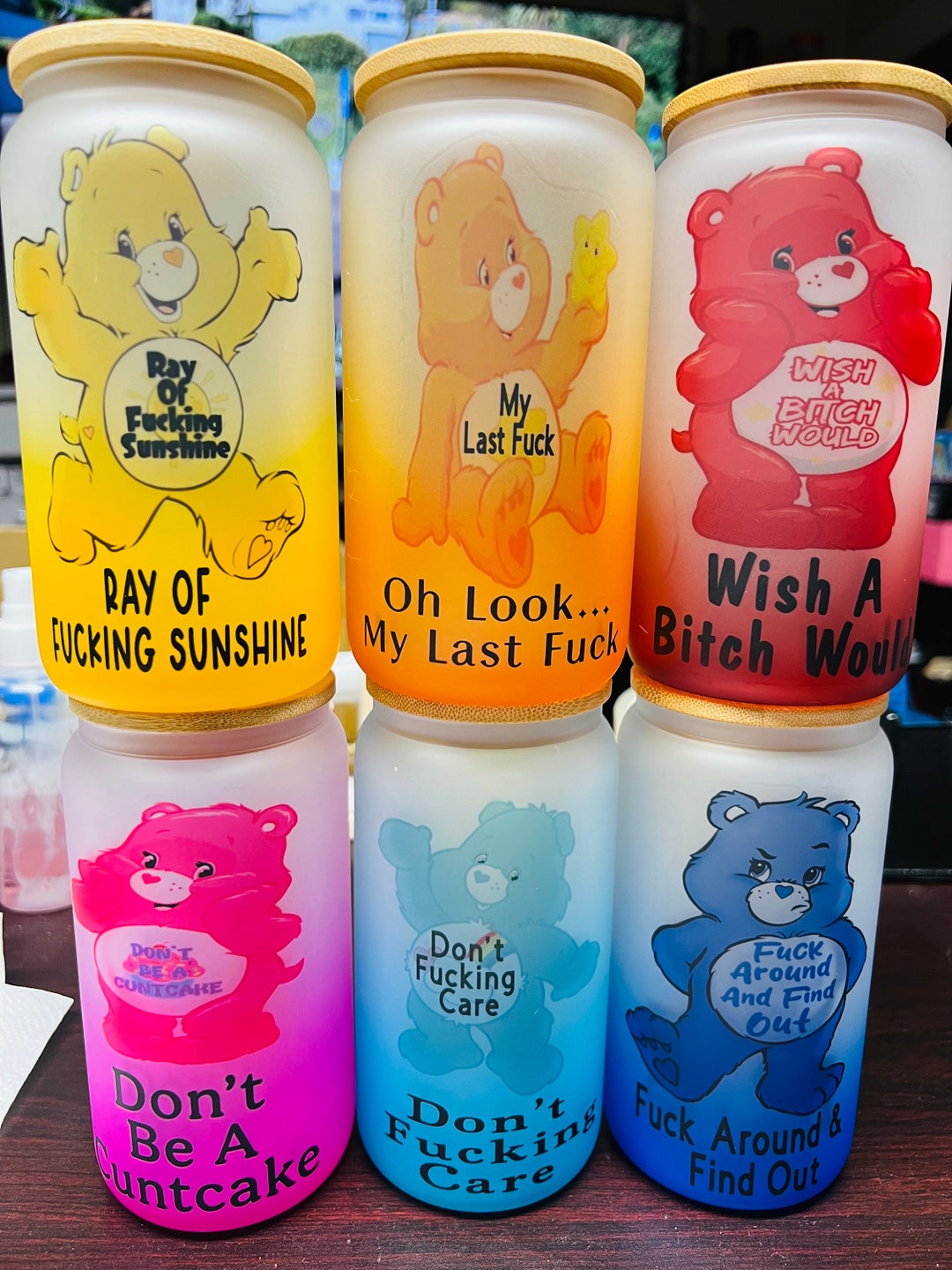 Swear Bear Care Bears 16 Oz or 20 Oz Ombre Glass Cans Includes Bamboo ...