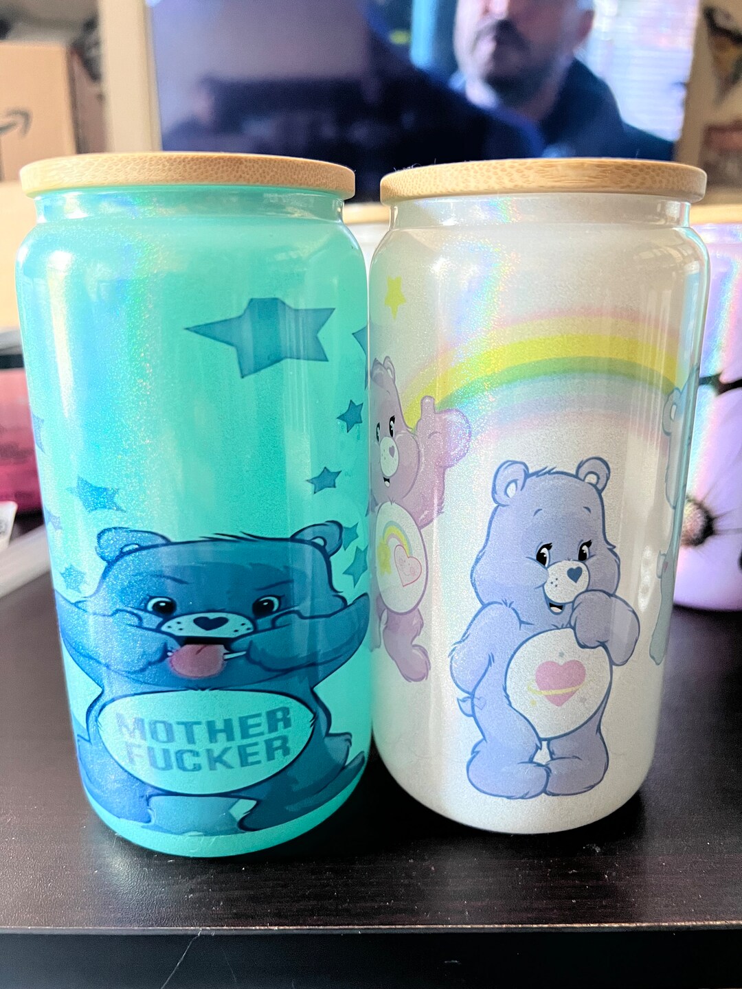 Swear Bear Care Bears Glass Cans 16 Oz Includes Bamboo Lid - Etsy