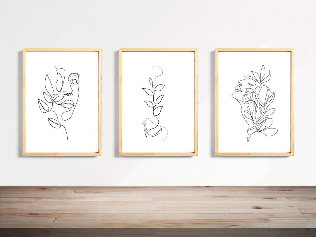 Minimalist Line Wall Art Set of 3 Prints, Black and White Floral Line ...