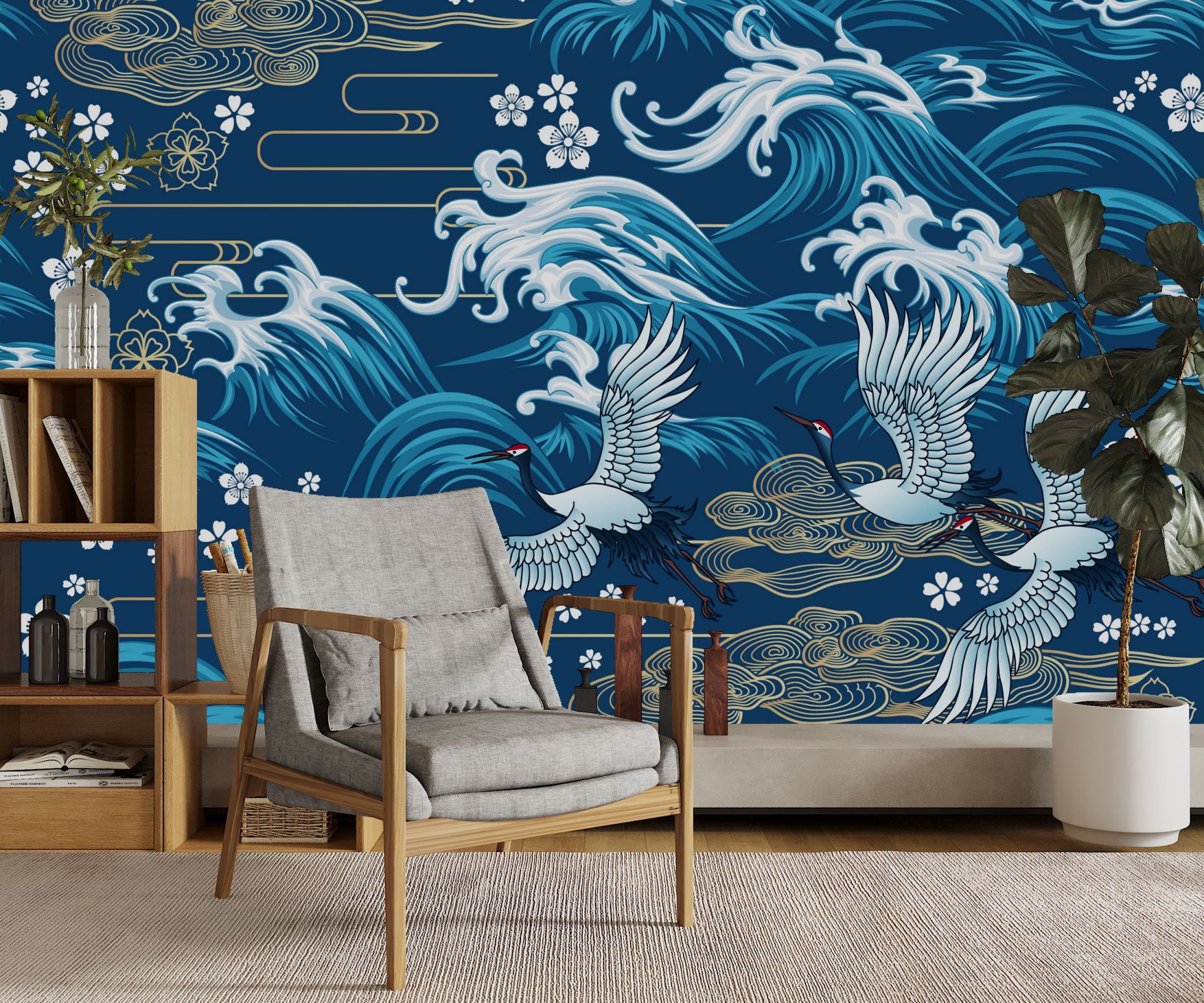 Dark Blue Japanese Beach Wave Wallpaper Ocean Waves - Etsy