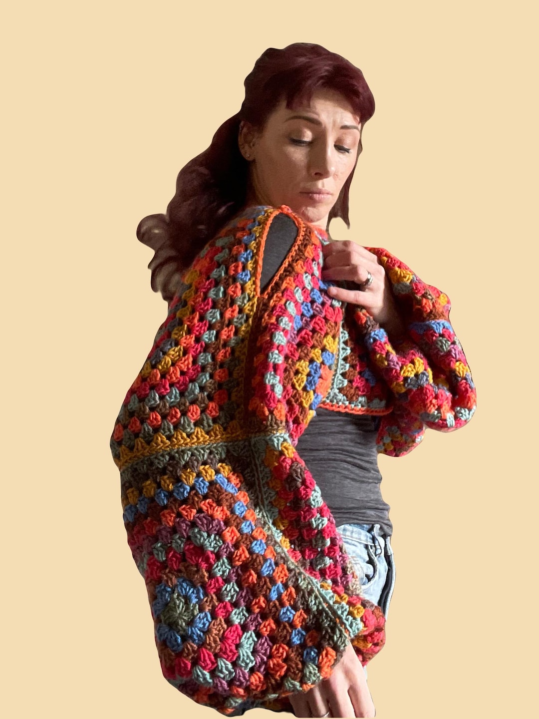 GRANNY SQUARE SLEEVES Cozy Shrug Cropped Sweater, Peekaboo Bell Sleeves ...