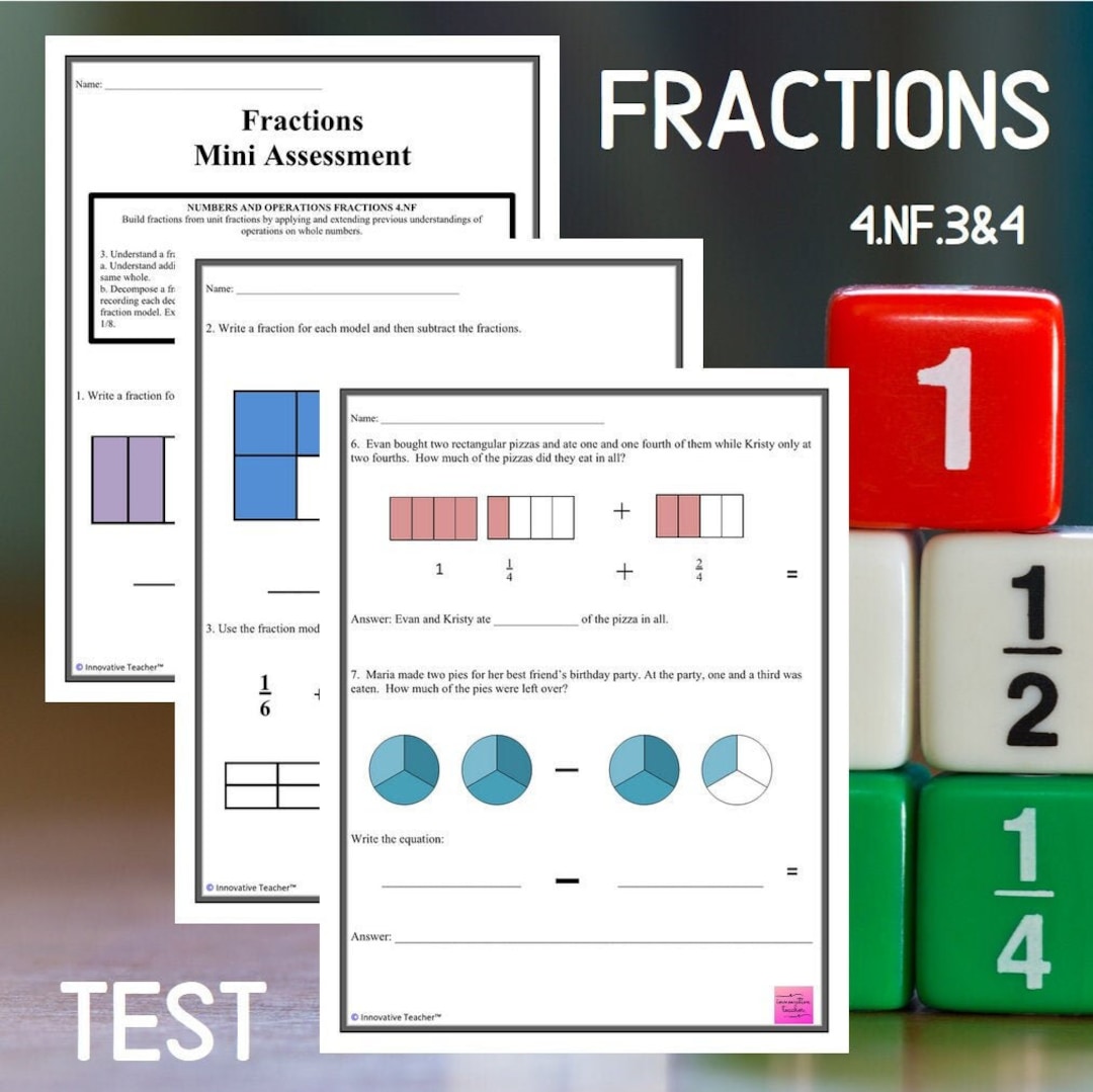 Fractions Math Assessment Grade 4 (4.NF.3 and 4) - Etsy