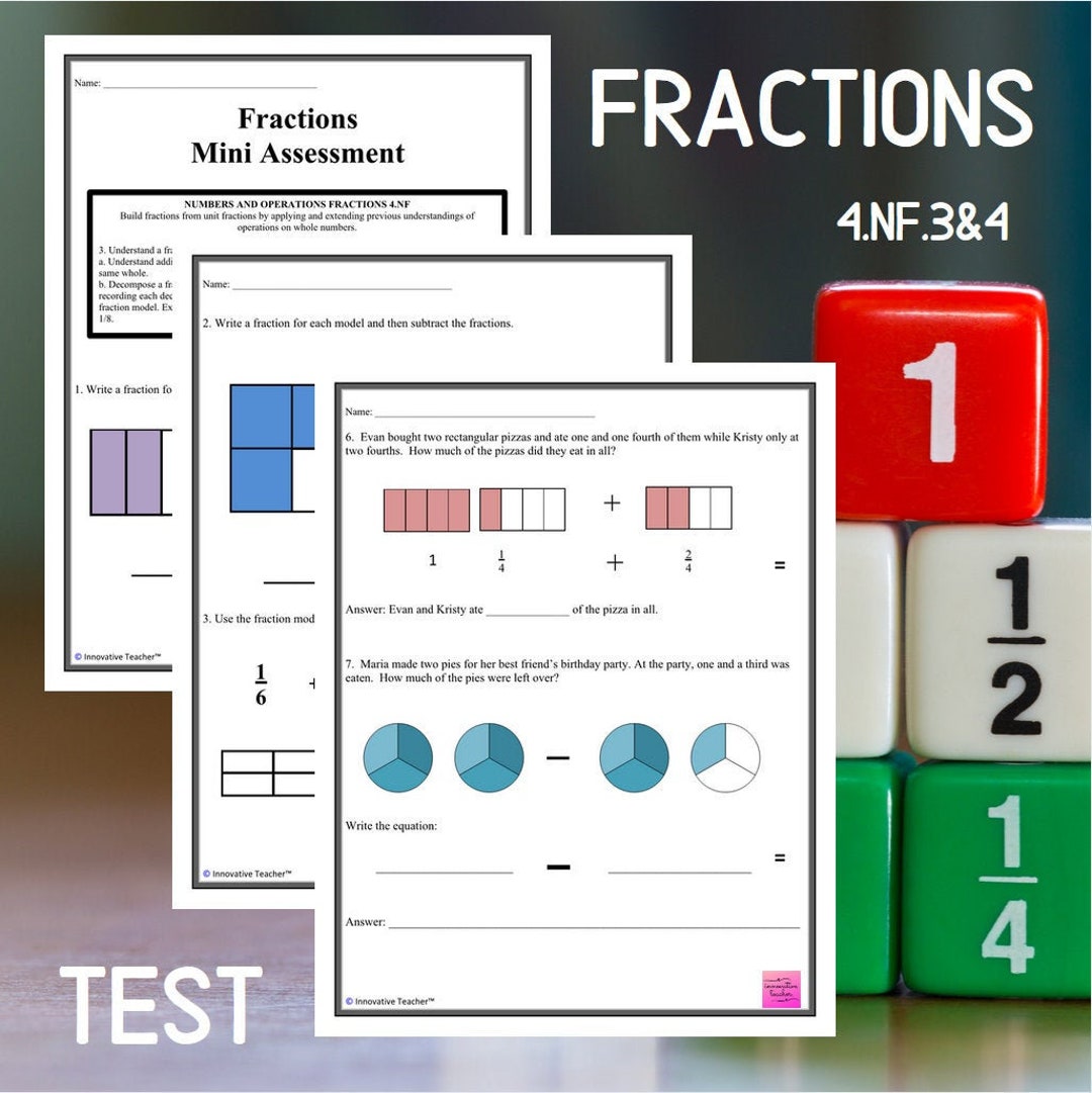 Fractions Math Assessment Grade 4 4.NF.3 and 4 - Etsy