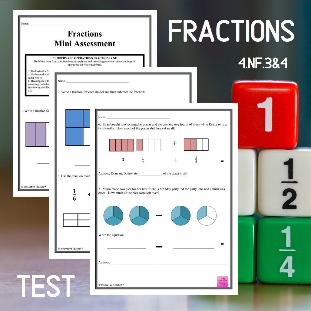 Fractions Math Assessment Grade 4 4.NF.3 and 4 - Etsy