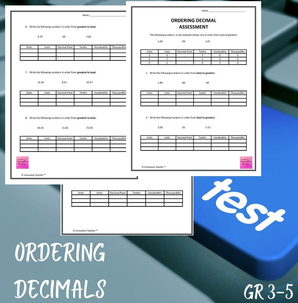 Ordering Decimal Math Assessment - Etsy