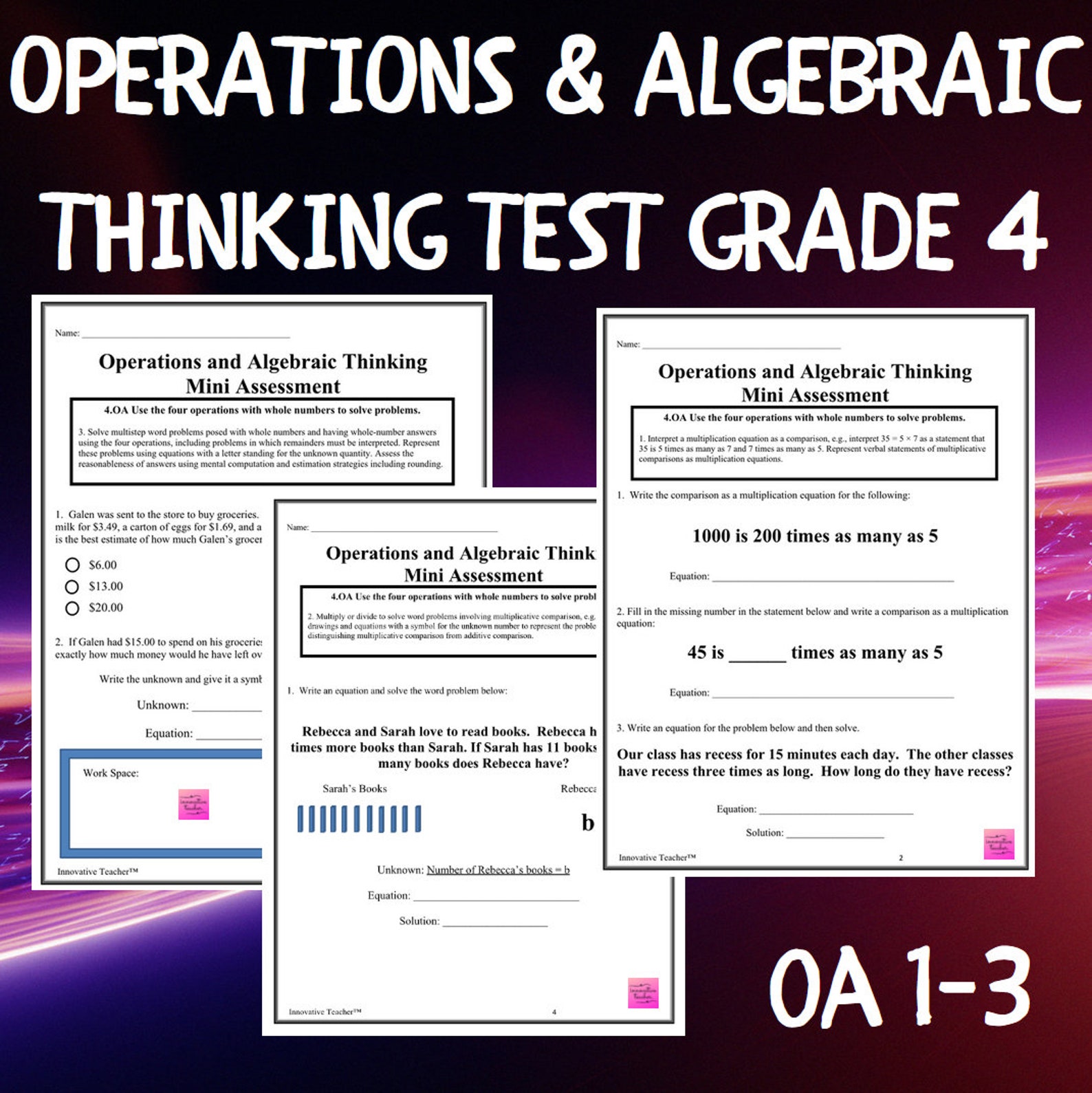 Operations and Algebraic Thinking Assessment BUNDLE Grade 4 (4.OA.1-5 ...