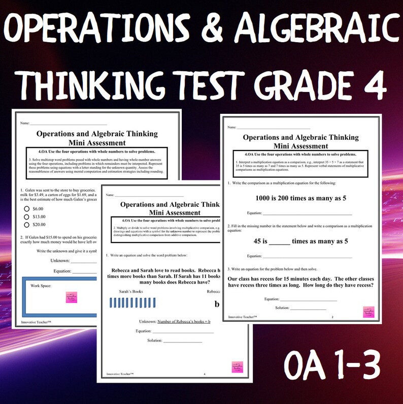 Operations and Algebraic Thinking Assessment BUNDLE Grade 4 (4.OA.1-5 ...