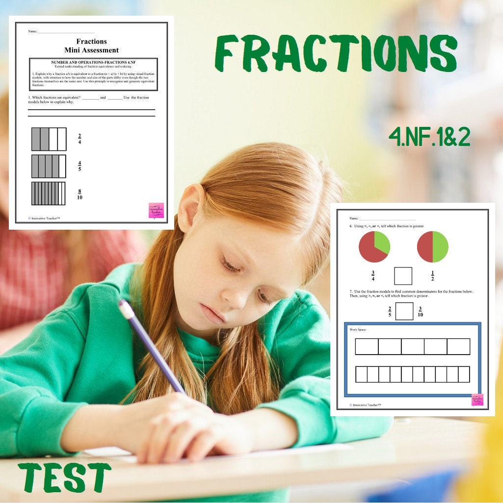 Fractions Math Assessment Grade 4 4.NF.1 and 2 - Etsy