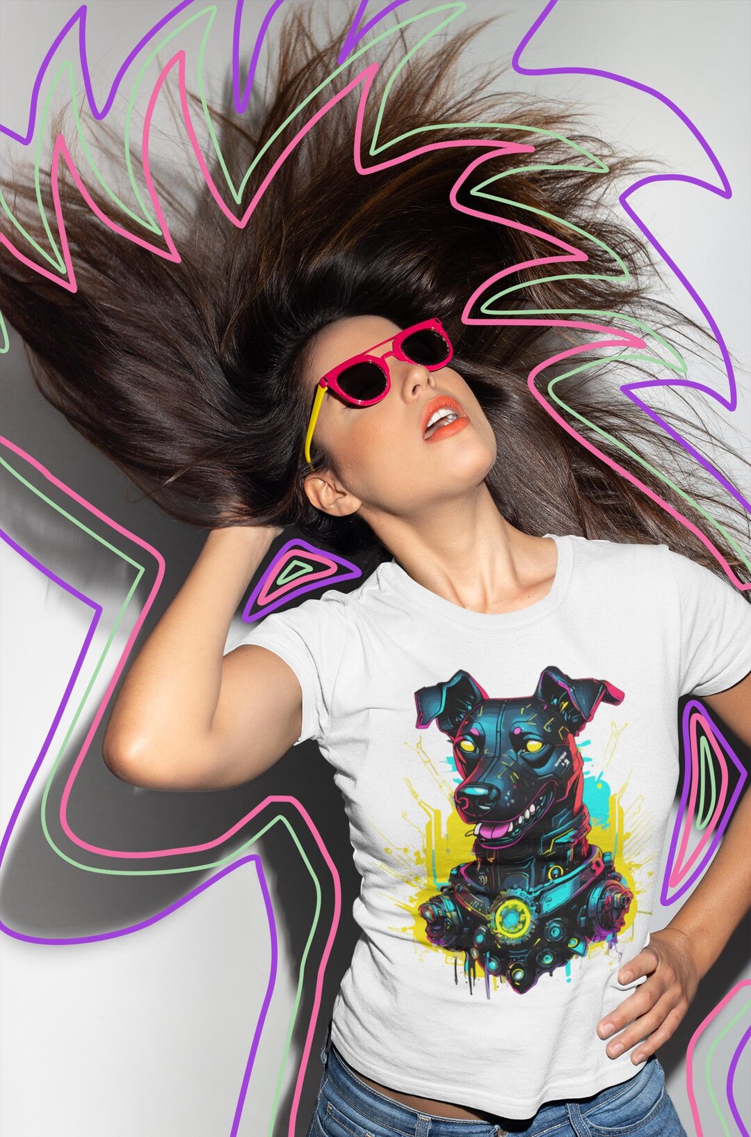 Cyberpunk Dog Art Print Futuristic Robotic Pup Design With Neon Colors ...