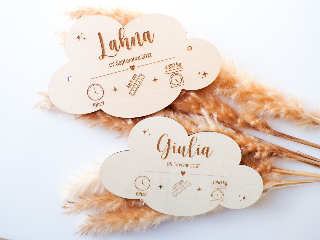 Personalized Wooden Door Plaque Cloud - Birth Square - Children's Room ...