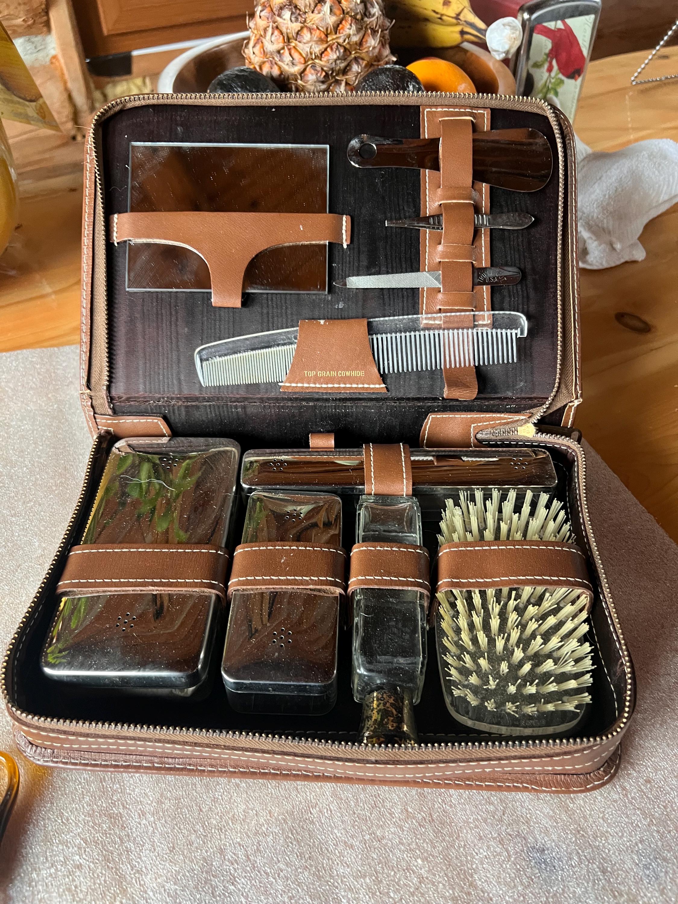 Vintage Leather Men's Travel Shaving Kit: Antique Grooming Set/ Silver ...