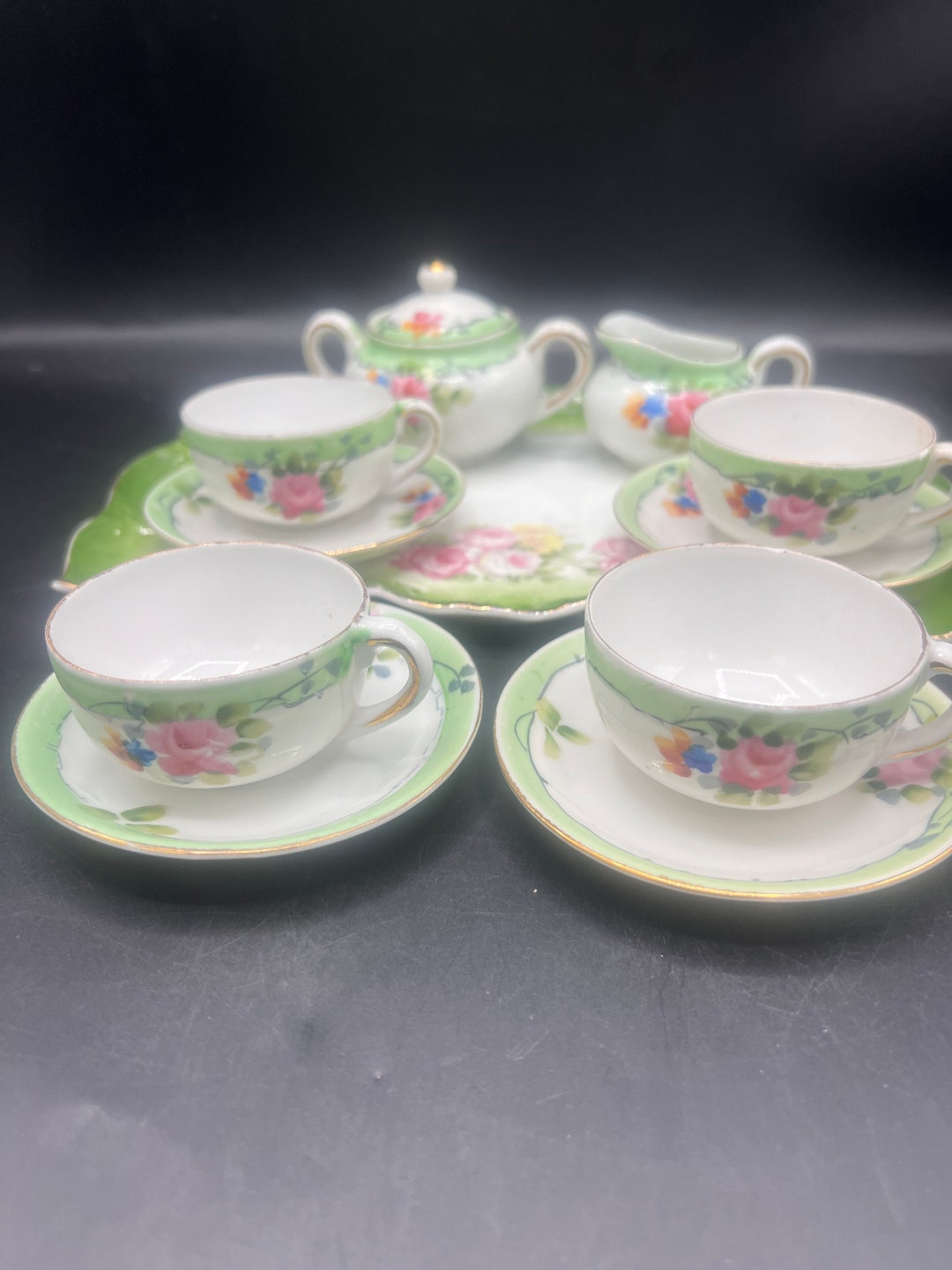 Vintage Miniature Tea Set / Children Demitasse Cups With Tray , Creamer ...