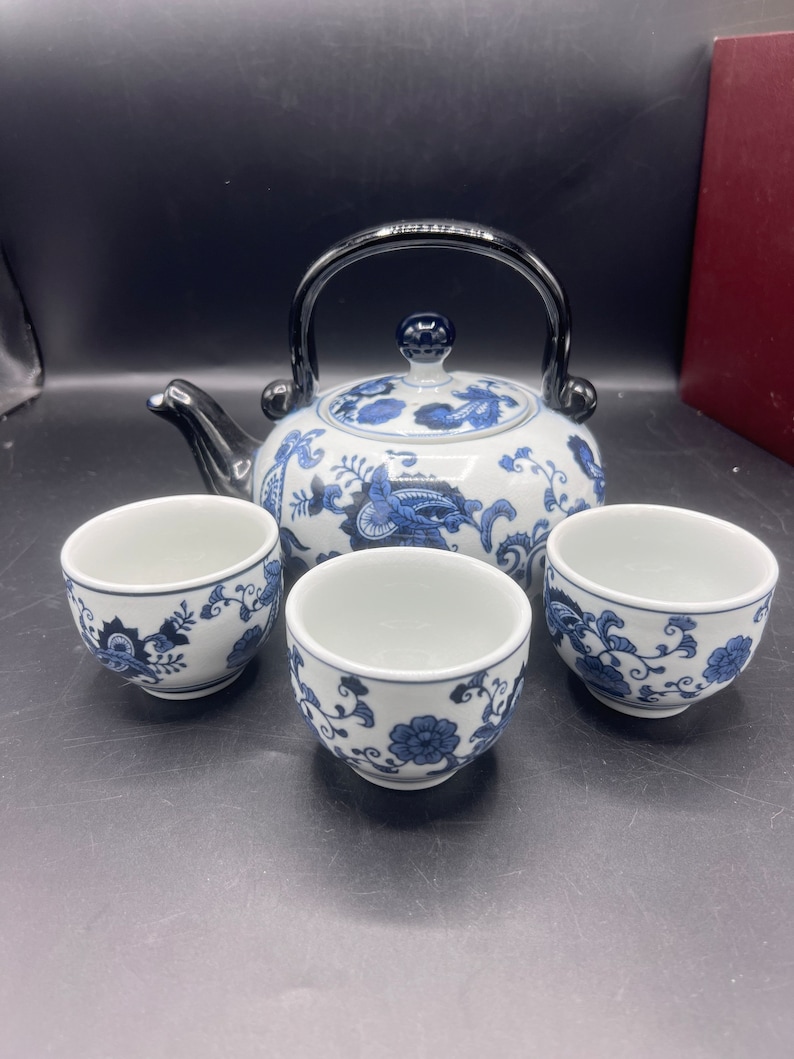 Pier One Blue China Tea Set Teapot and 3 Tea Cups - Etsy