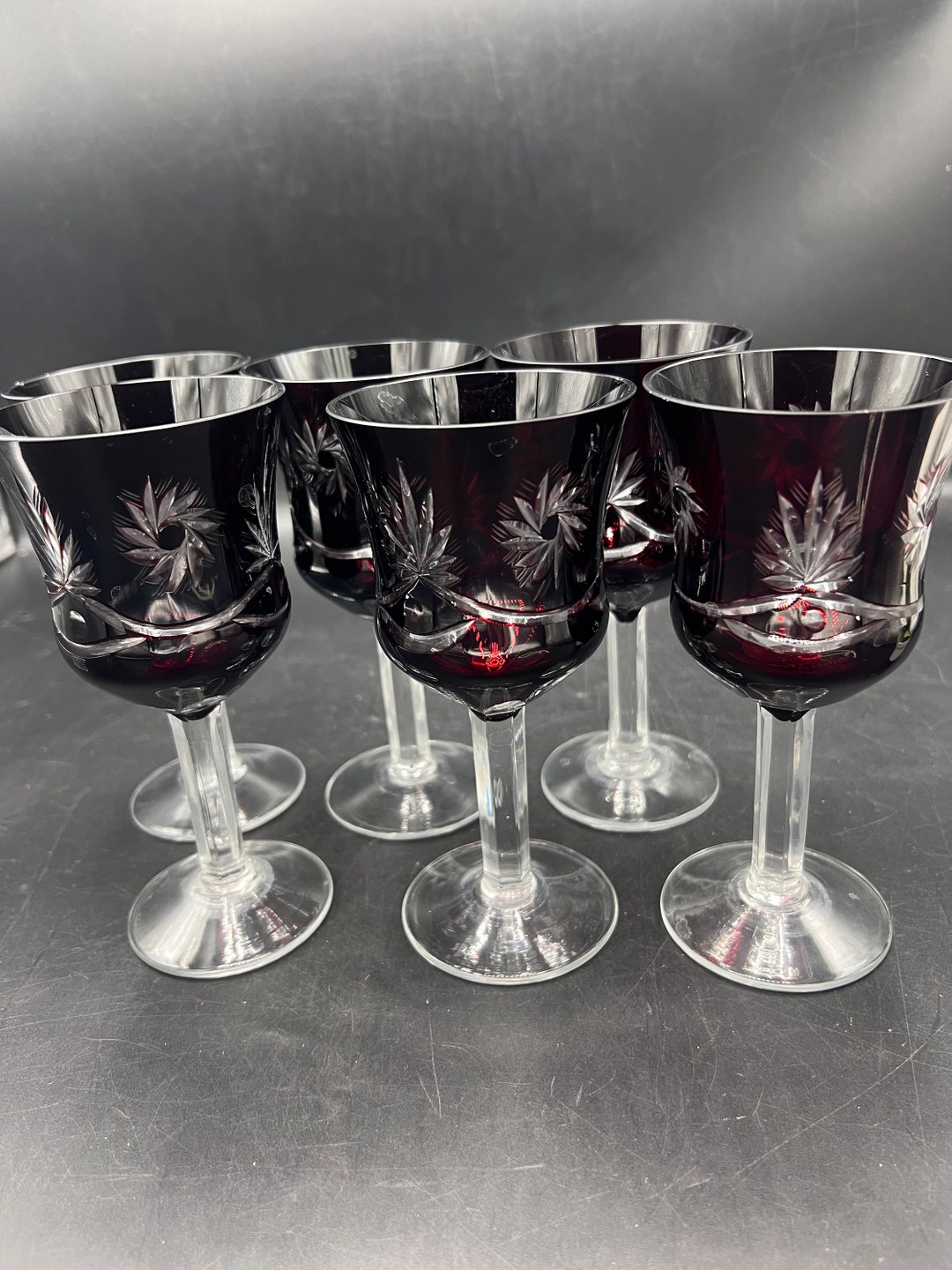 Bohemian 5 Red Ruby Cut to Clear Crystal Glasses Set / Floral Design ...