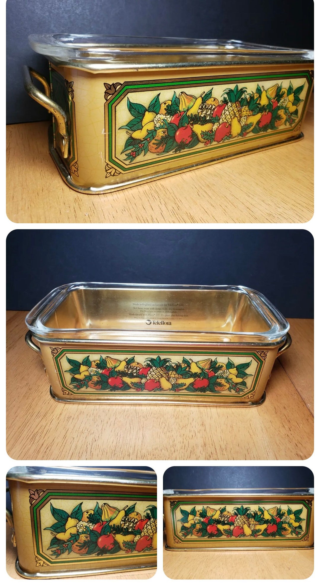 1981 Teleflora England Harvest Metal Holder With Pyrex 213 1.5qt Baking ...