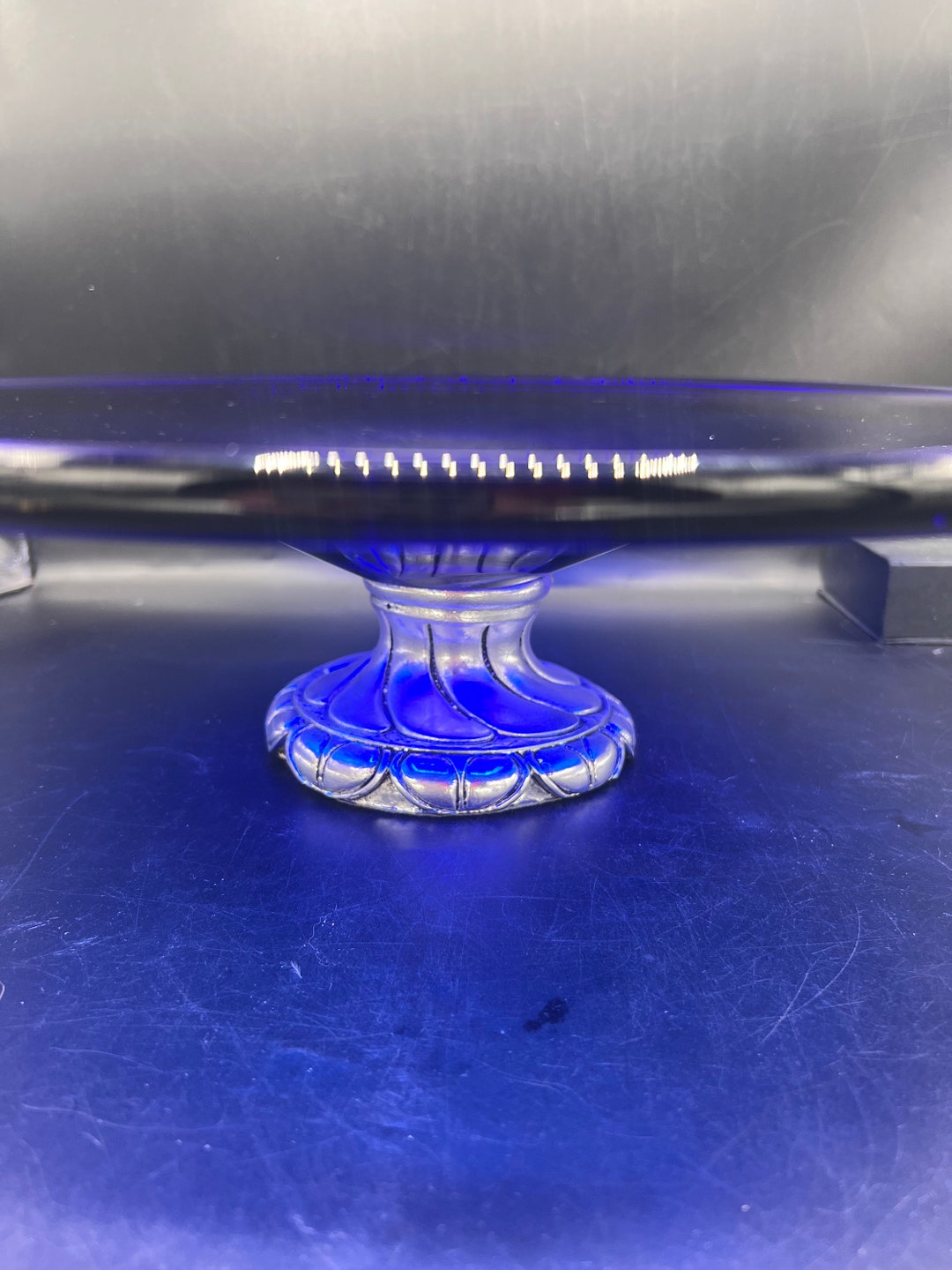 BOMBAY COMPANY Cobalt Blue Glass Footed Silver Metal Base Handcrafted ...