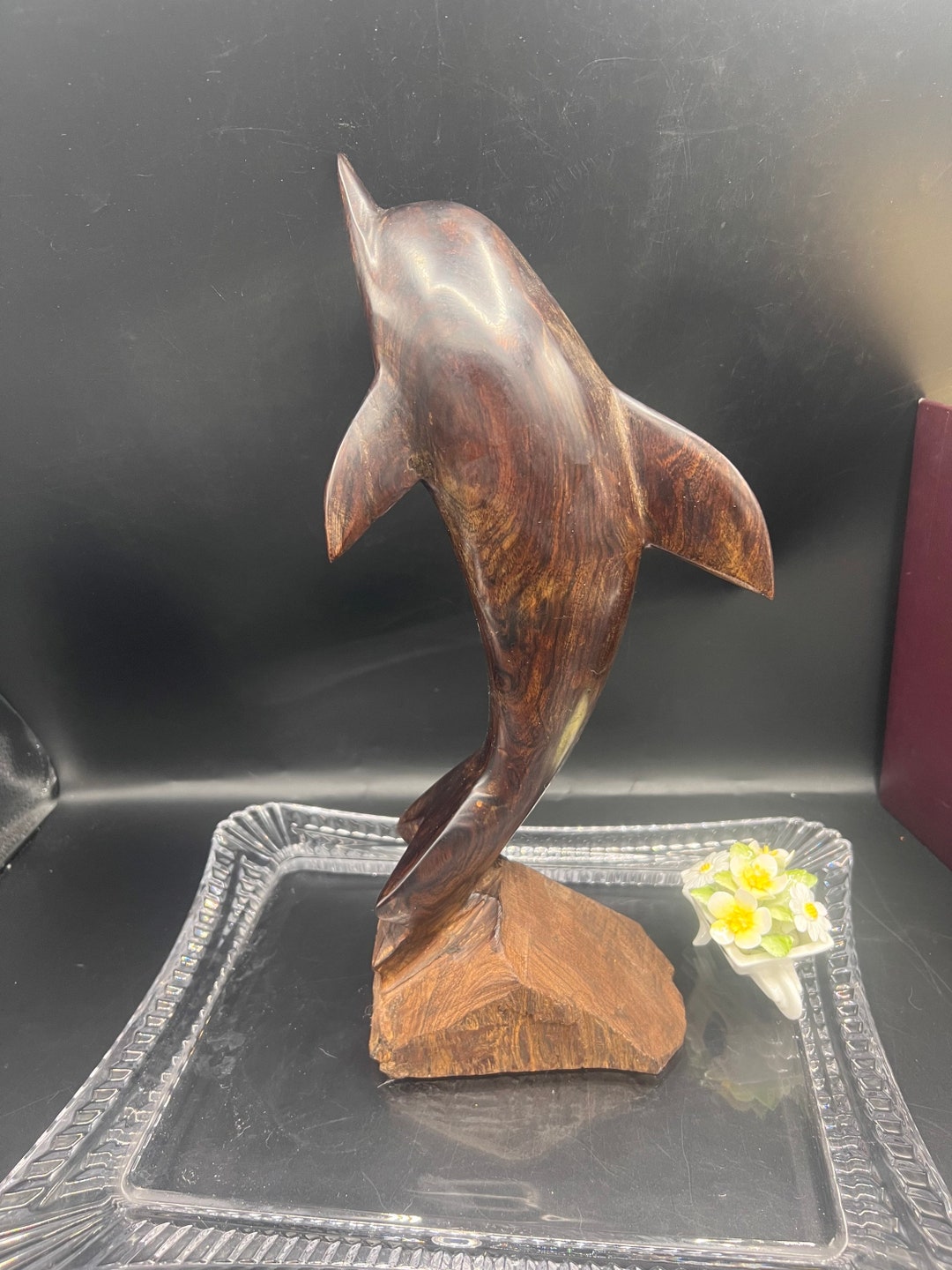 Hand Carved Wooden Smooth 13” Dolphin Statue Sculpture Iron Wood Beach ...