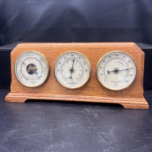 French Mid Century Wood Barometer and Thermometer, Solid Oak Base ...