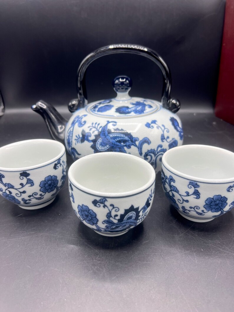 Pier One Blue China Tea Set Teapot and 3 Tea Cups - Etsy