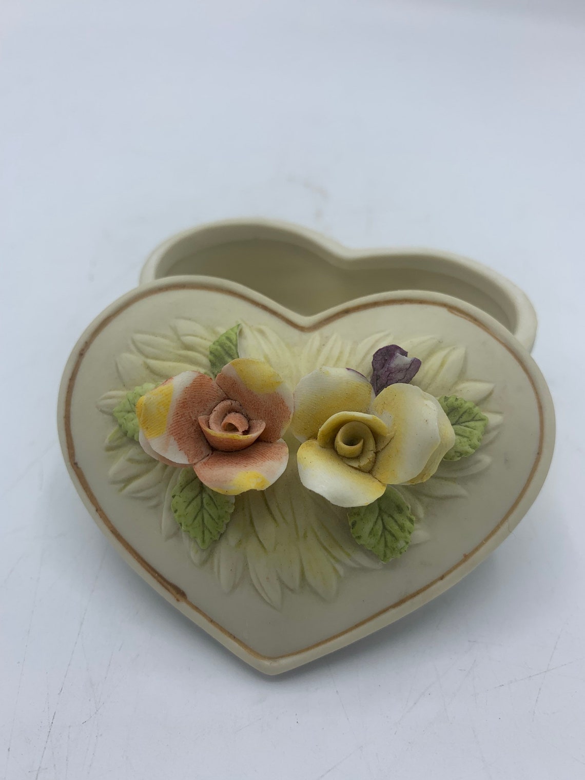 Vintage Capodimonte Hart Trinket Box Porcelain Flower and Matching ...