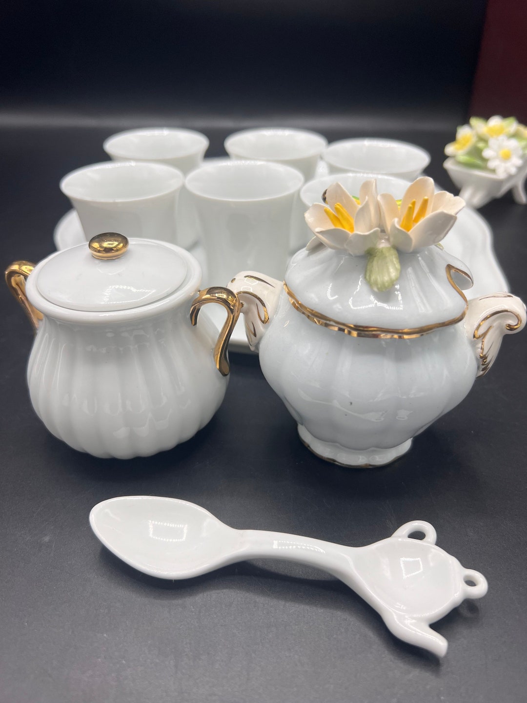 Miniature 10 Pieces Porcelain Tea Set Serving, 3D Floral Design Lid ...