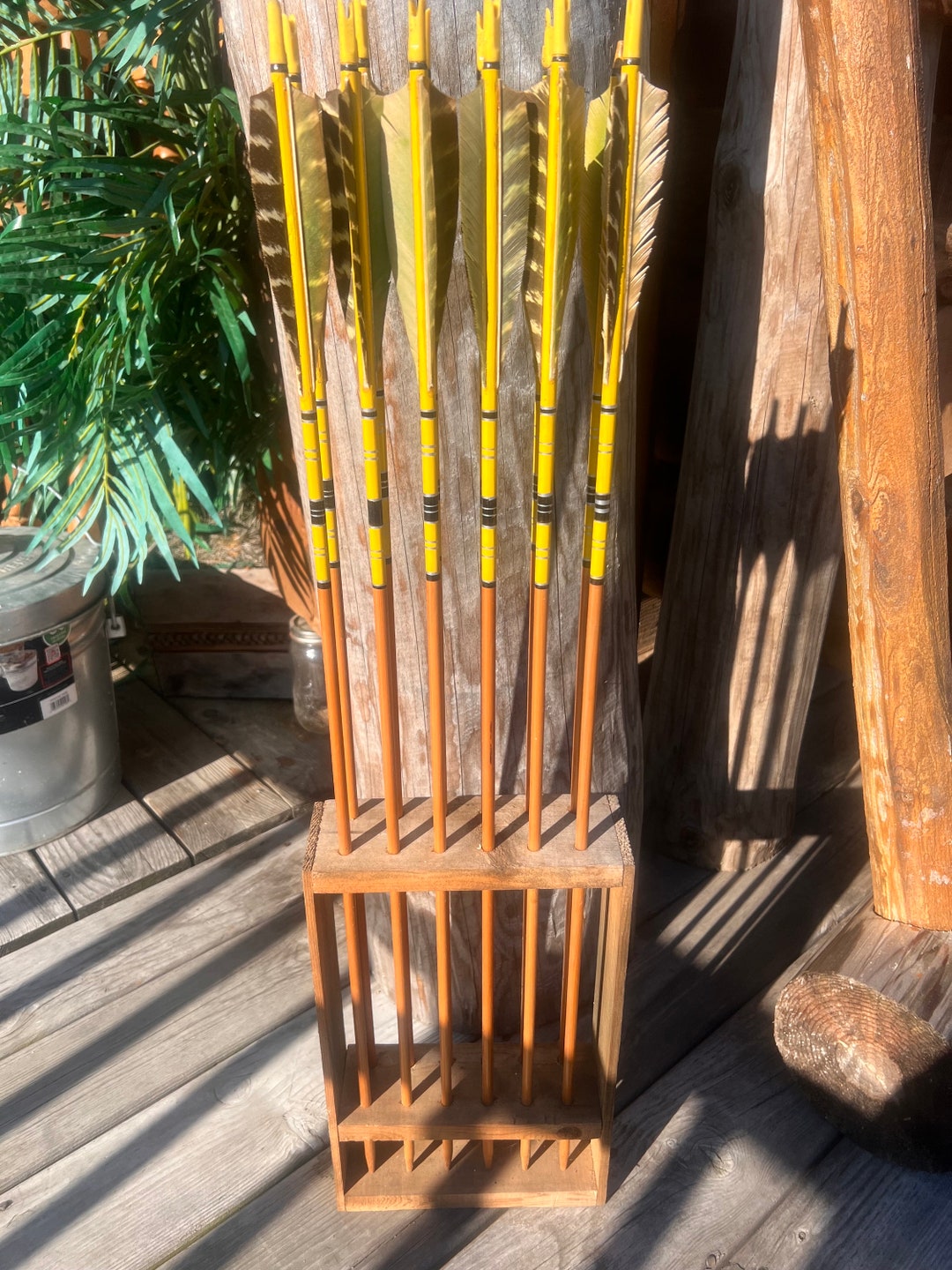 Vintage Decorative Wood Stand With 12 Archery Wood Arrows With Feather ...