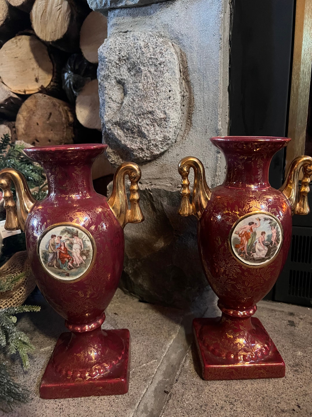 Pair of 1930's Empire Ware England 1178 Urn Vase Red & Gold Pattern ...
