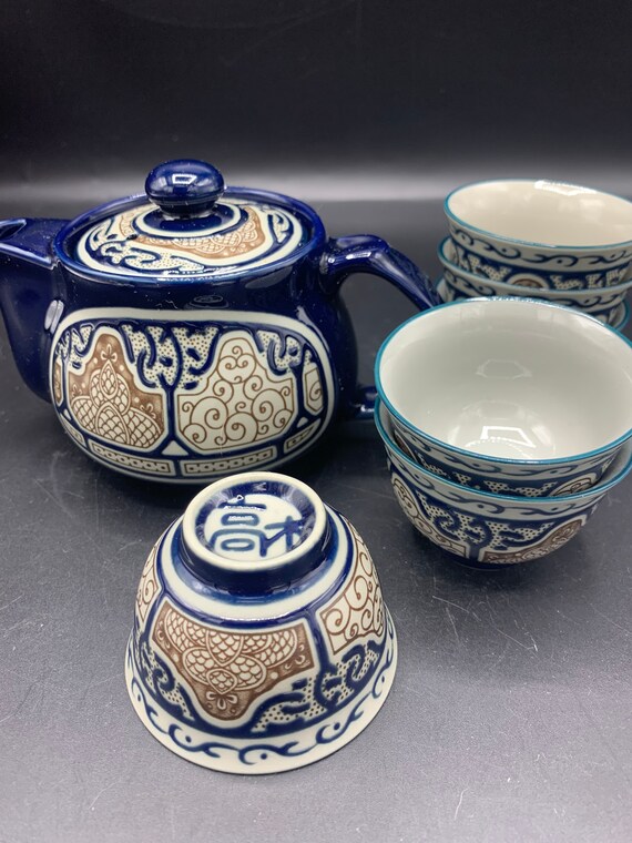 Unique Japanese porcelain small tea set relief porcelain cobalt blue ...
