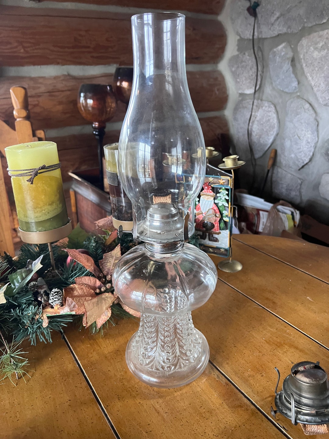 Vintage 1985 Lamp Light Farms Oil Lamp/ Tall Pressed Glass Double ...