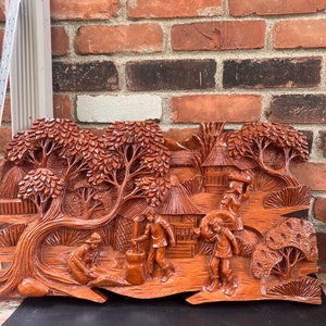 Artisan 3D Hand Carved Whittled Figural Wooden Plaque Picture Farmers ...