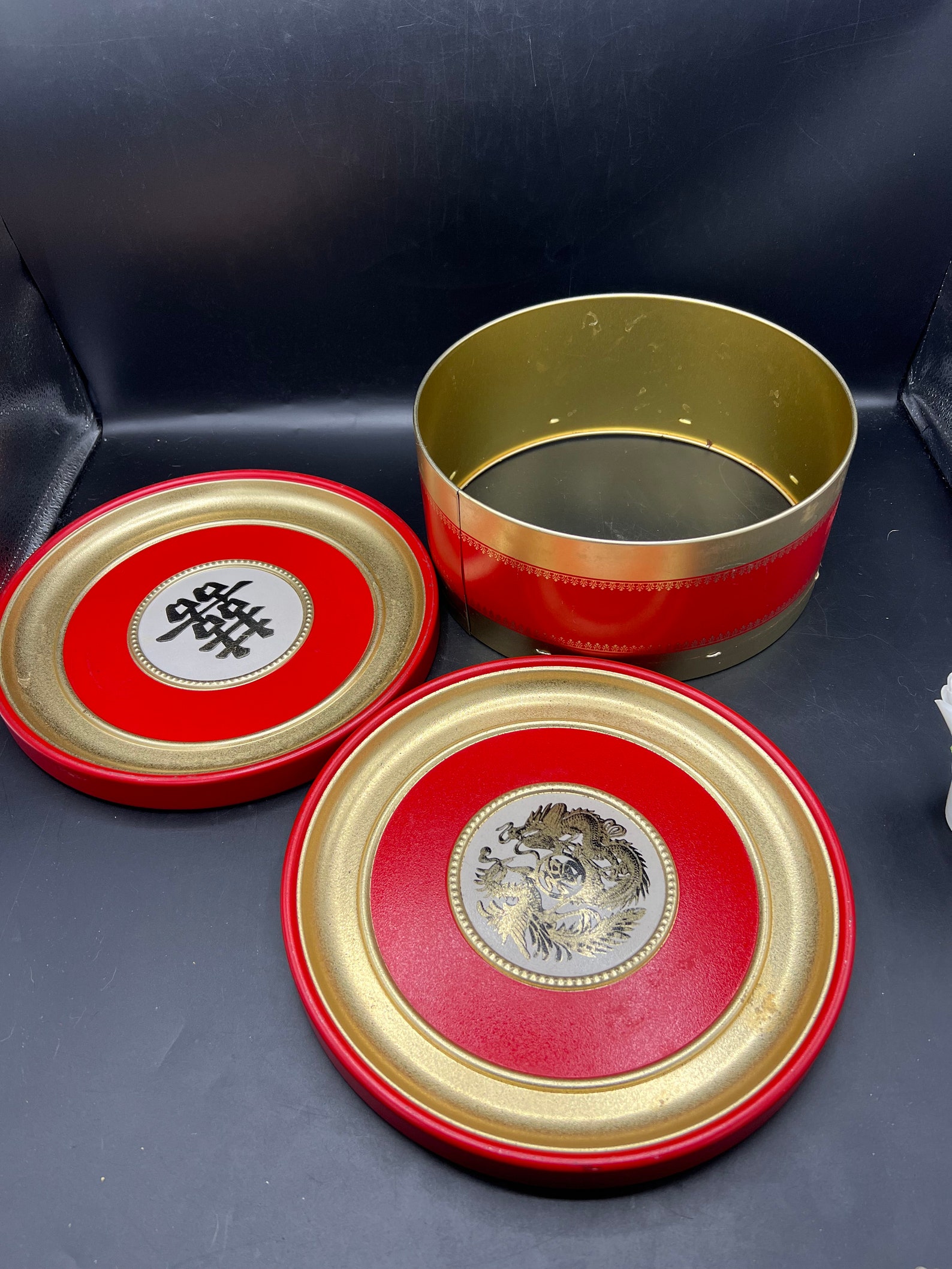 Double Happiness Chinese Metal Tin Round Container Red Gold Color ...