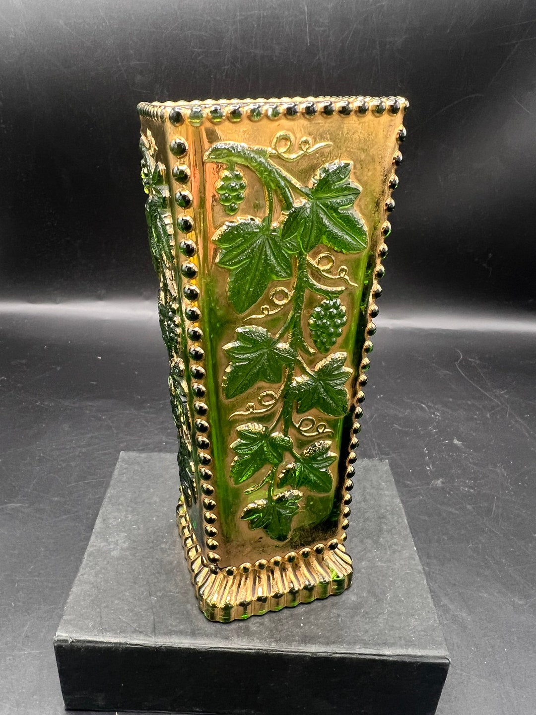 Avocado Green Glass and Gold Square Vase / Green Glass Vase , Gold ...