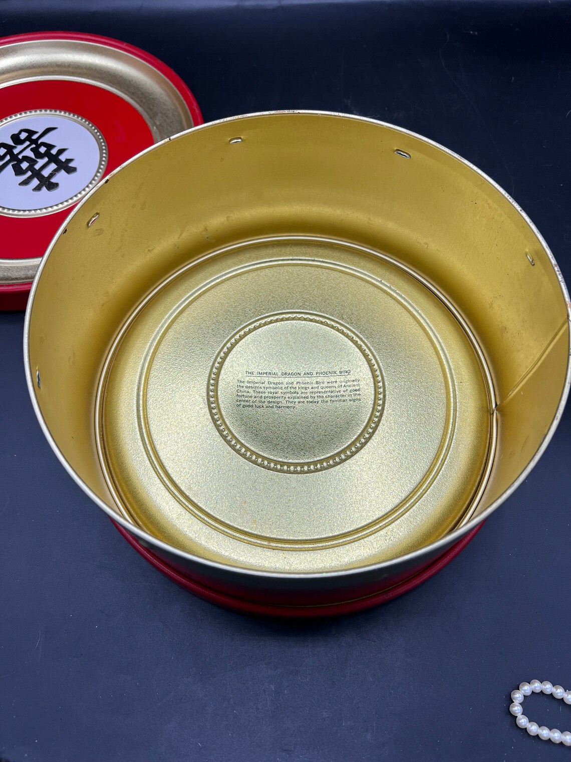 Double Happiness Chinese Metal Tin Round Container Red Gold Color ...
