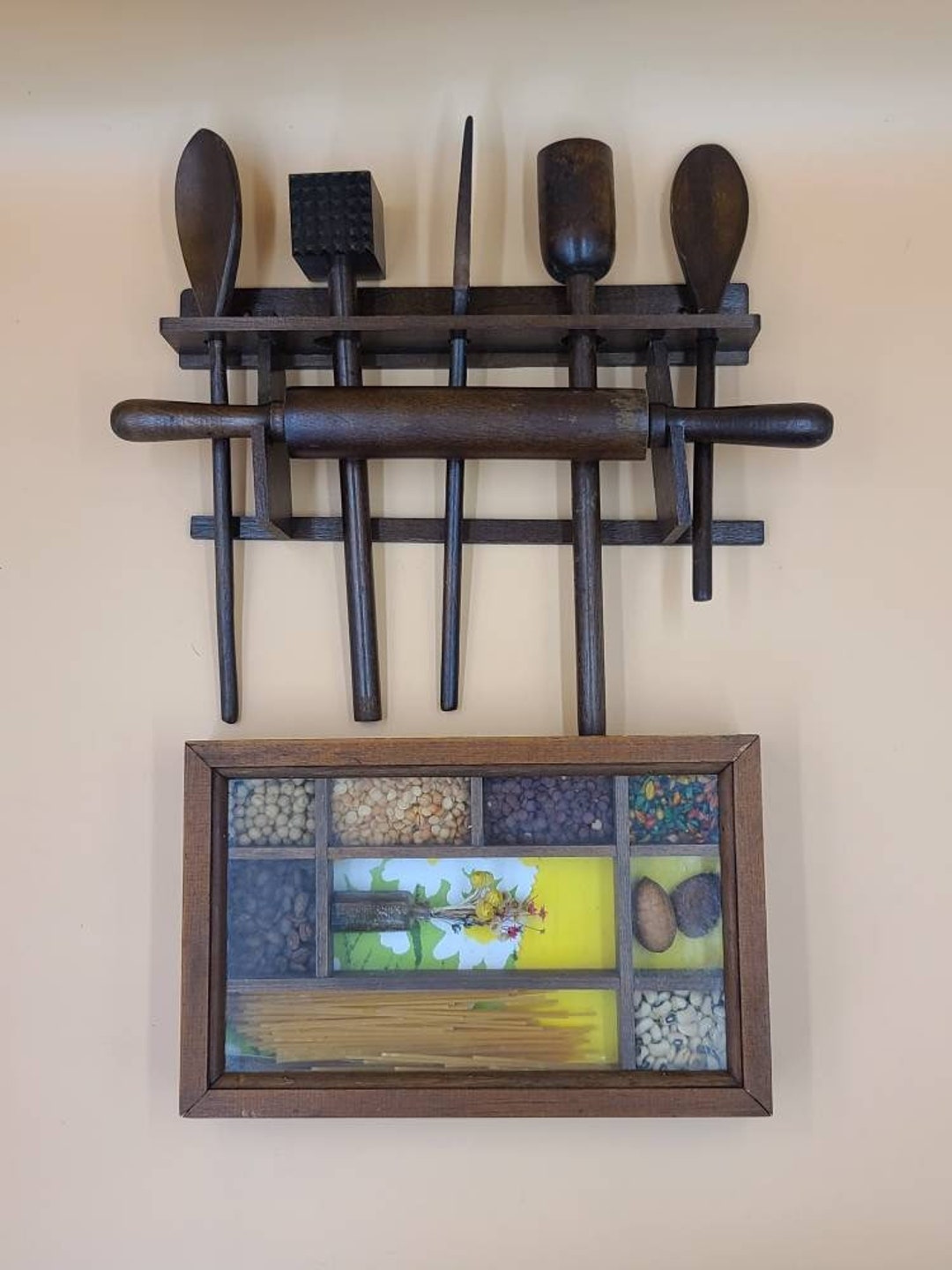 Vintage Kitchen Decor Wood Shadow Box Display Case and Utensil Set With ...