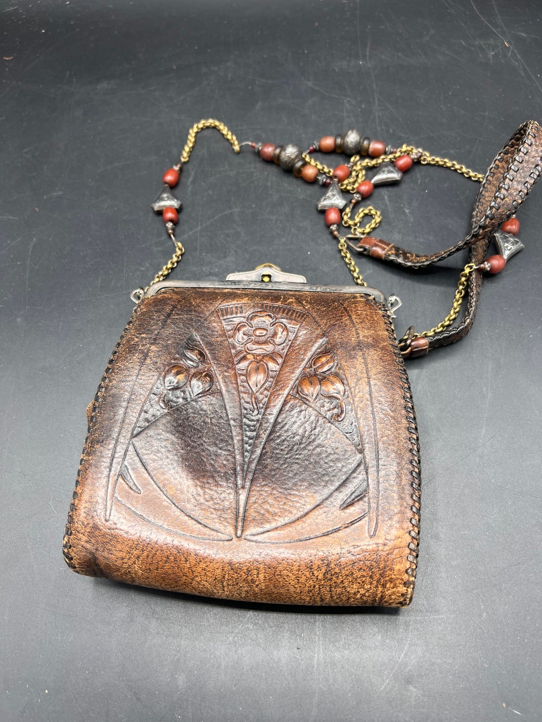 Antique Tooled Leather Purse Bat Design Art Nouveau Turnlock Bag Circa ...