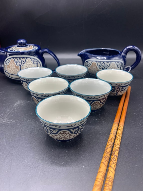 Unique Japanese porcelain small tea set relief porcelain cobalt blue ...