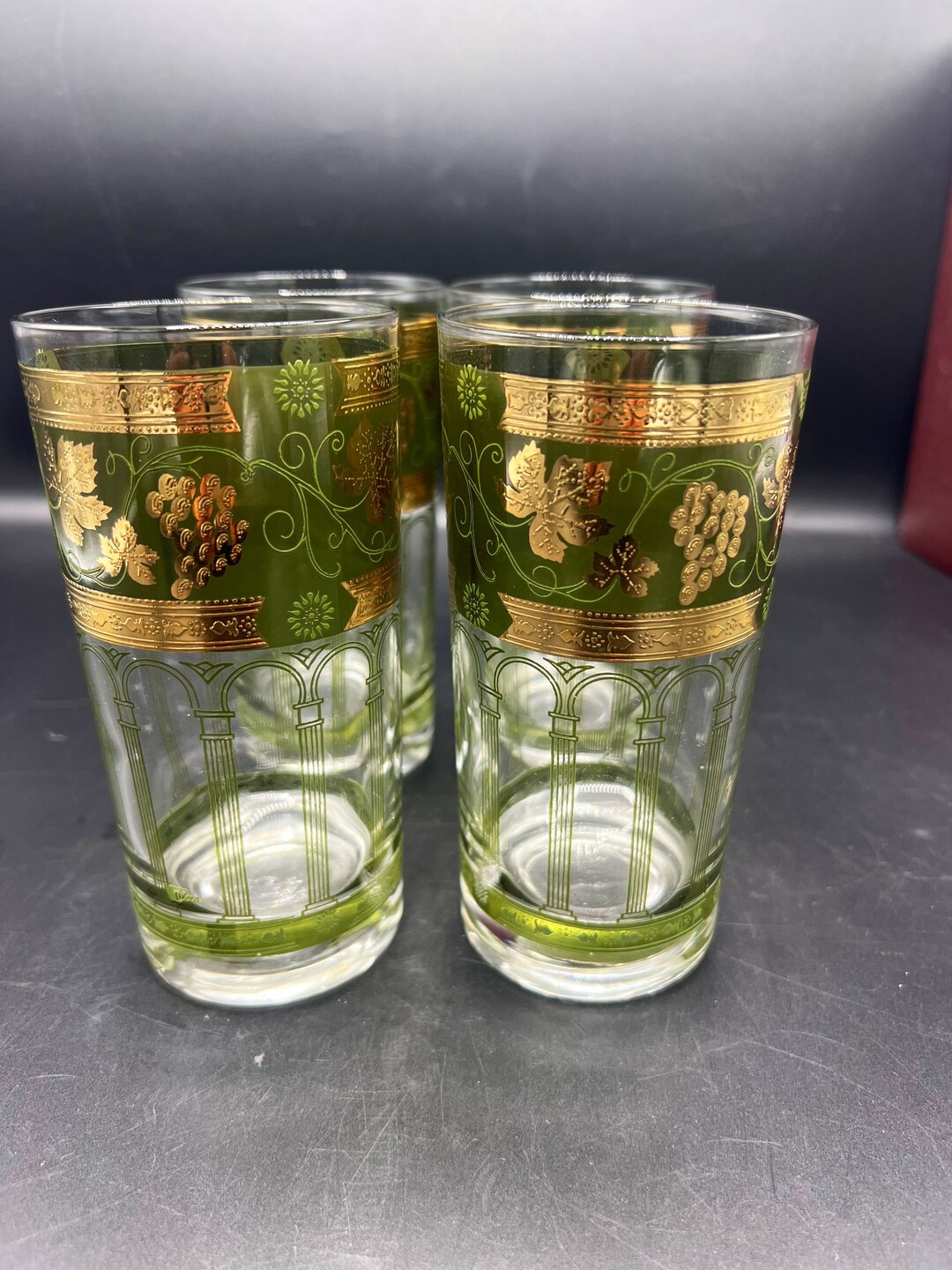 Set of 4 Mid Century Cera Green and Gold Grapevine High Ball Glasses ...