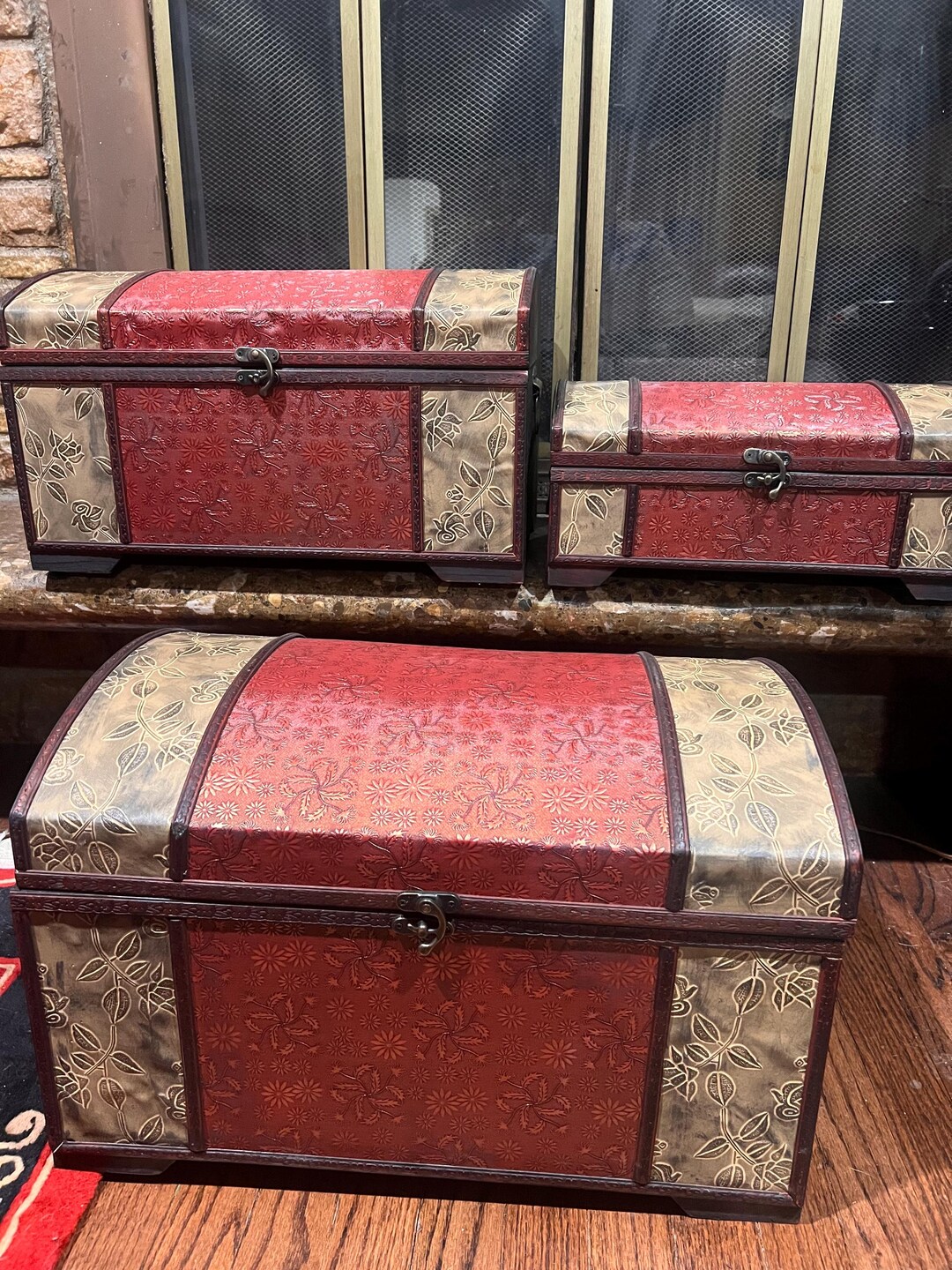 Set of 3 Bronze Color Wooden and Flower Pattern Faux Leather Nesting Treasure Chest With Latch ...