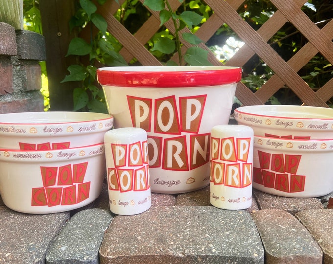 New Vintage Ceramic Everybody Loves Popcorn 7 Pc Set Red White ...