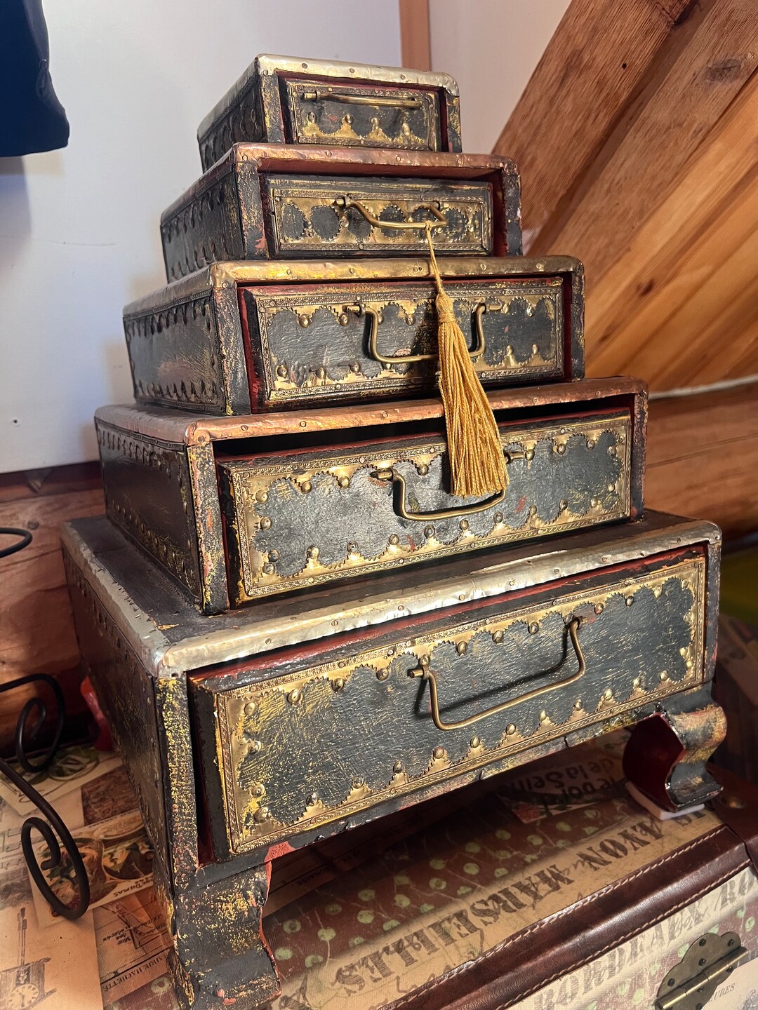 Vintage Hindu India Hand Created Wood Mixed Metal Cooper , Brass ...