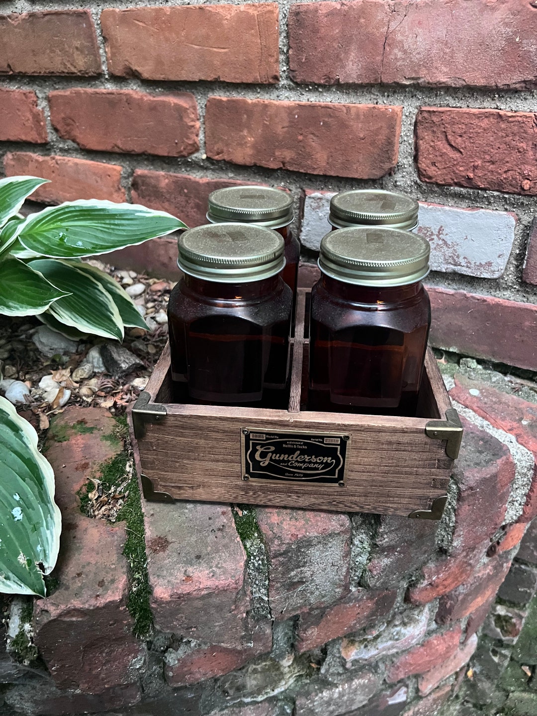 4 Vintage Amber Glass Jars in Wooden Bin , Storage Container With ...