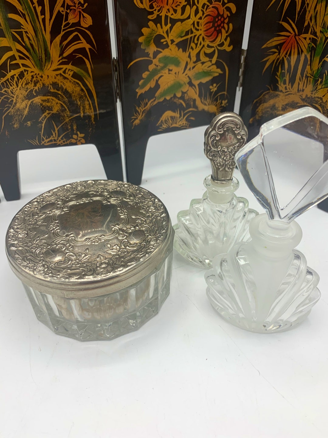 Vintage Silver Plated Lid Powder Container, Glass Jar Matching Perfume ...