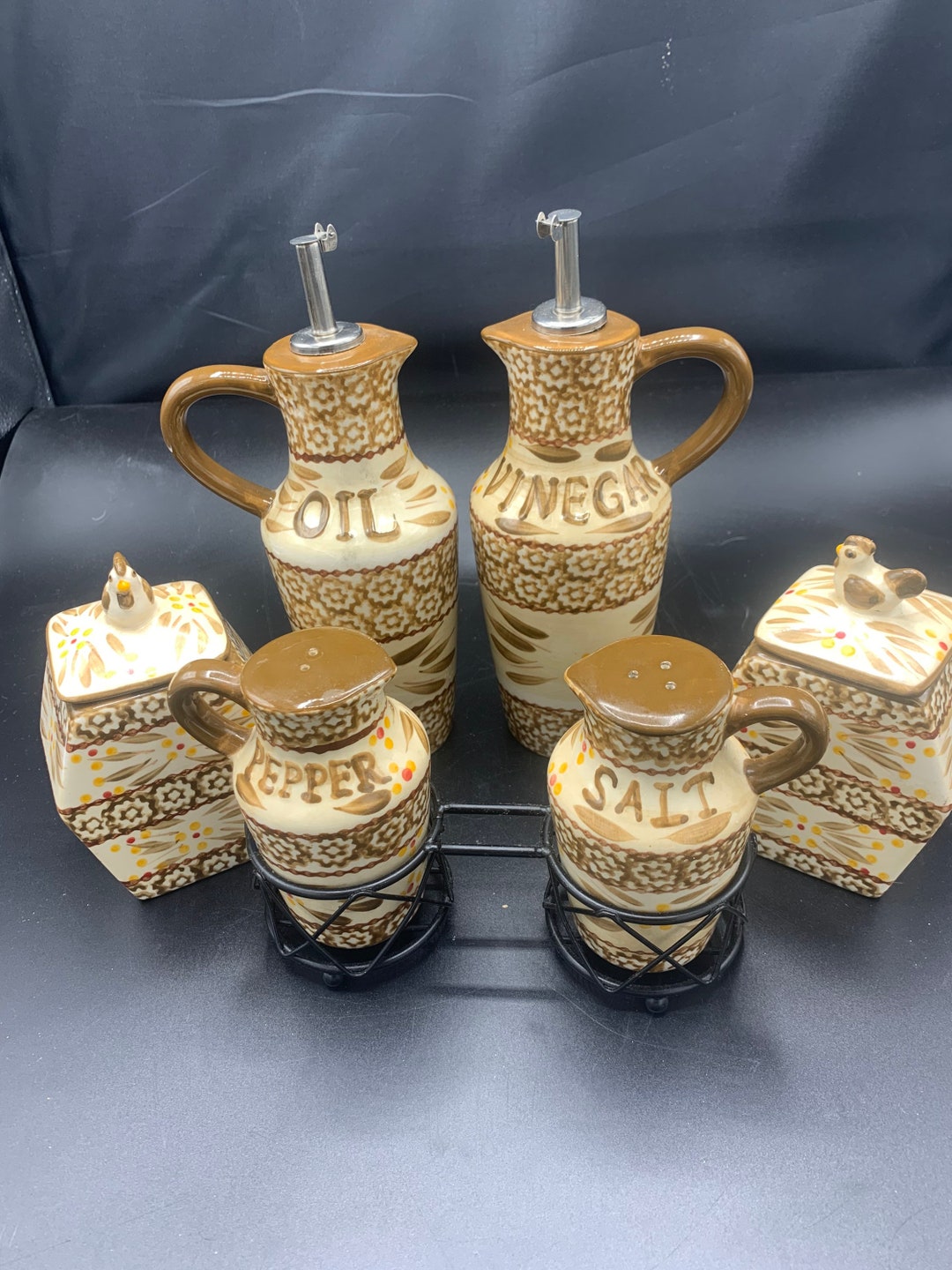 Temptation Ceramic Oil , Vinegar ,2, Sugar /honey Jars Measuring Cups ...