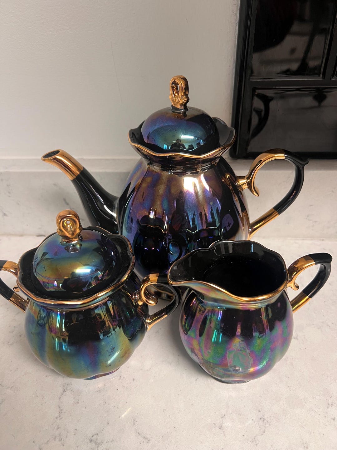 Grace Black Gold Iridescent Tea Set Teapot Sugar Creamer / Unique ...