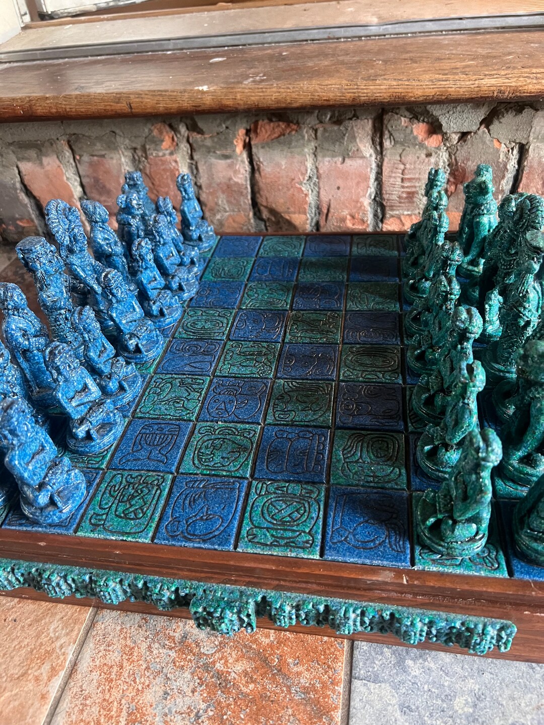 Vintage Unique Mayan Sun Aztec Chess Set Malachite Stone RARE. Wood Box ...